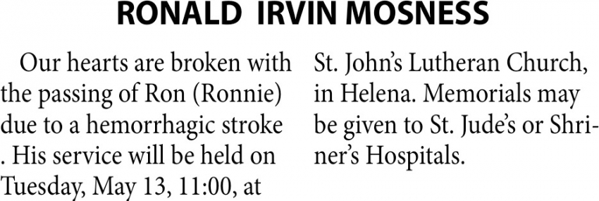 Ronald Irving Mosness, Obituaries, Glendive, MT